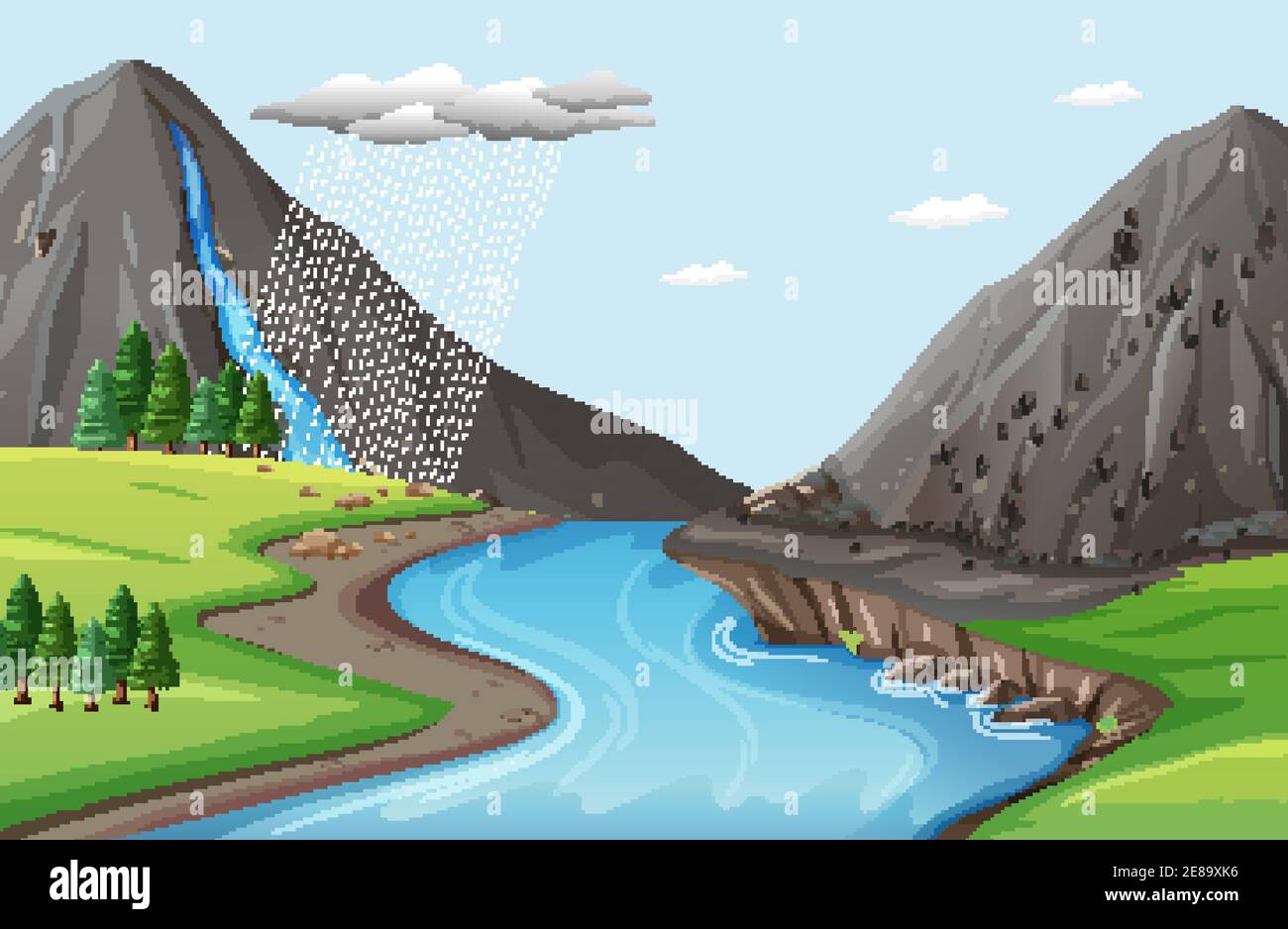 Nature scene with water falls from stone cliff illustration Stock ...