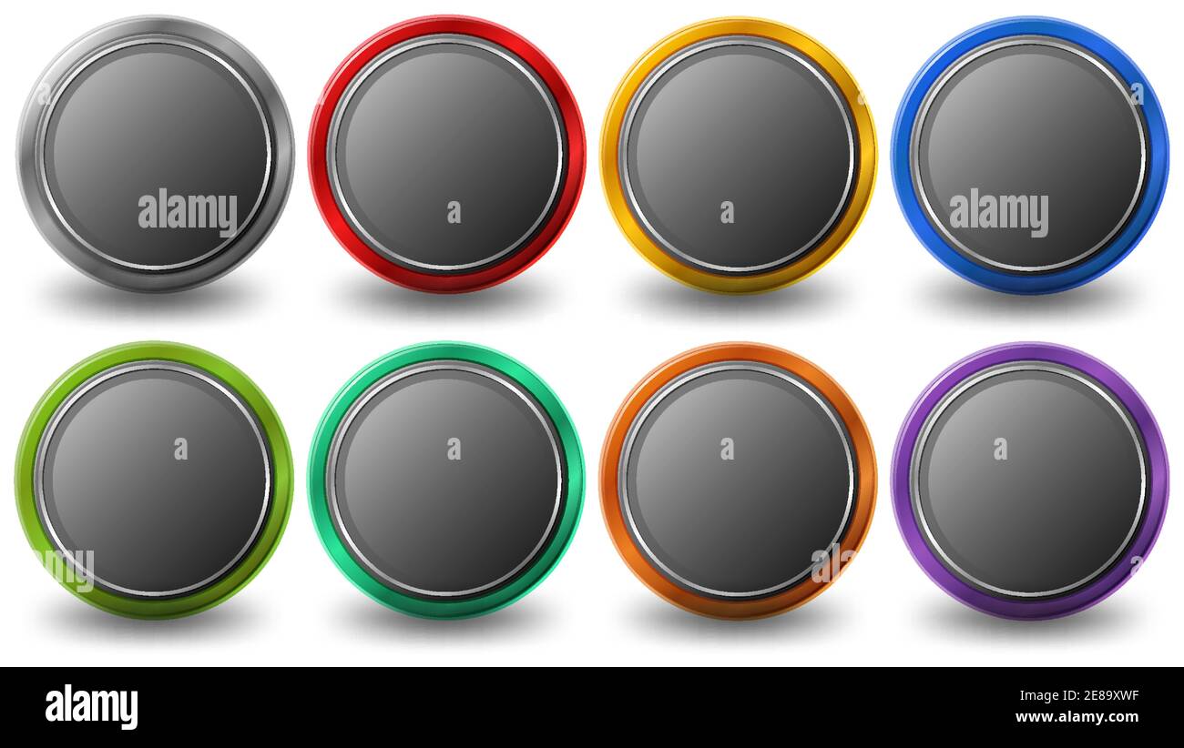 Set of rounded circle button with metal frame isolated on white ...