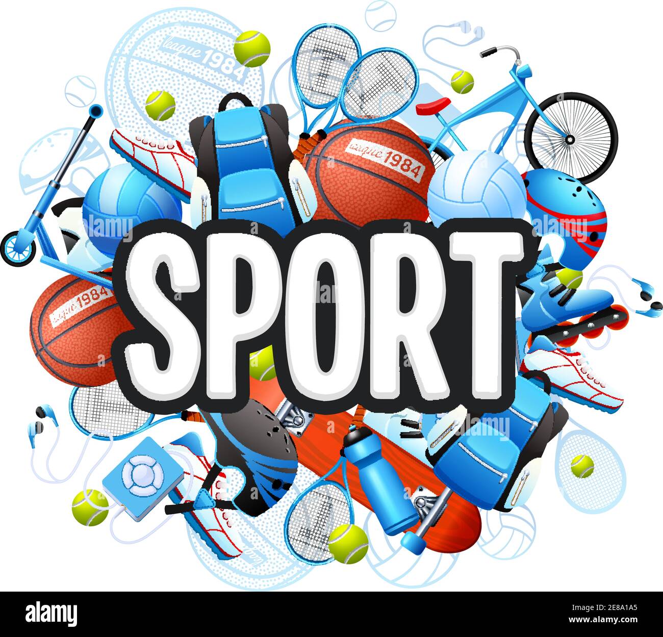 Summer sports cartoon concept with sports equipment and outfit vector ...