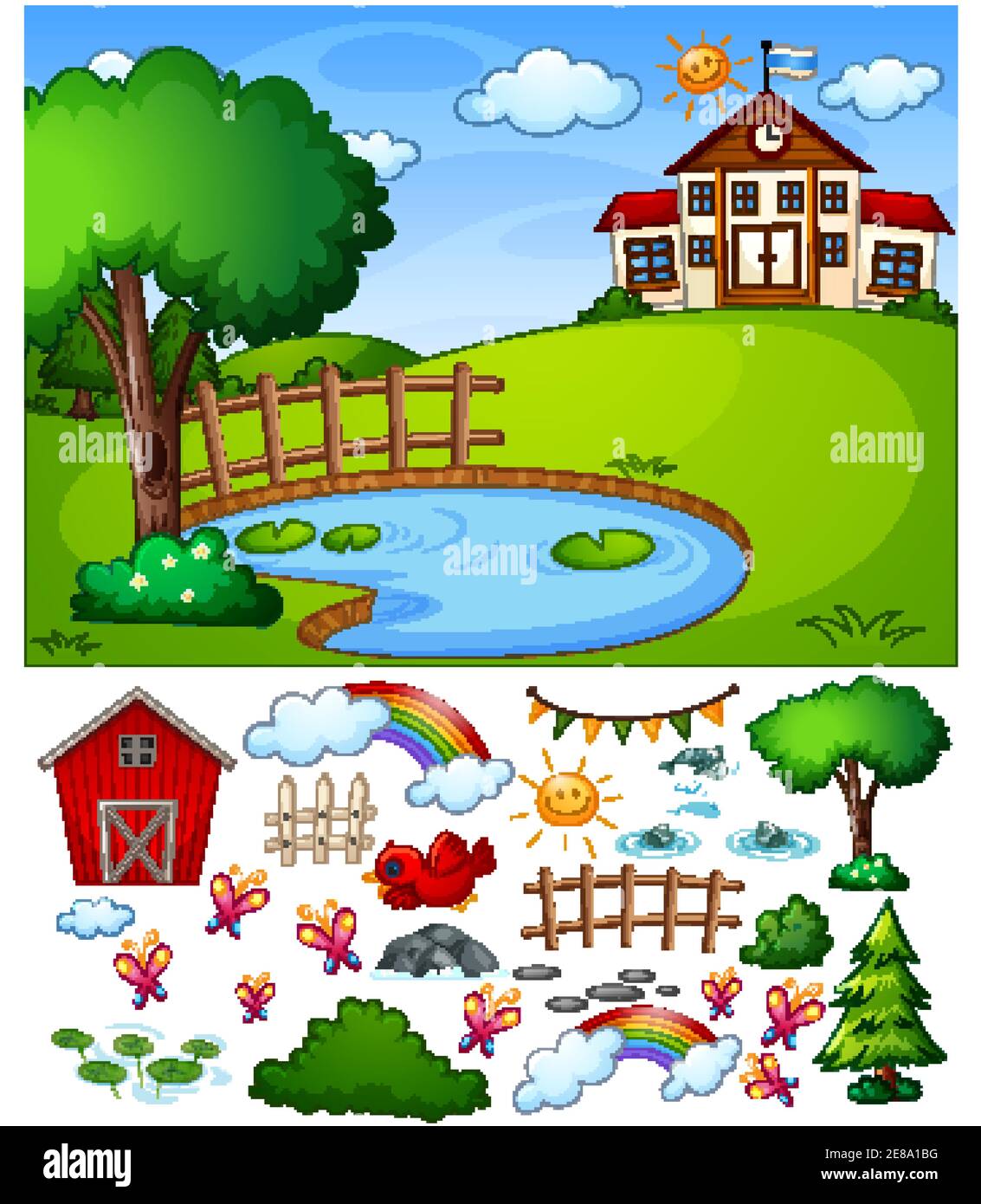 School scene with isolated cartoon character and objects illustration ...