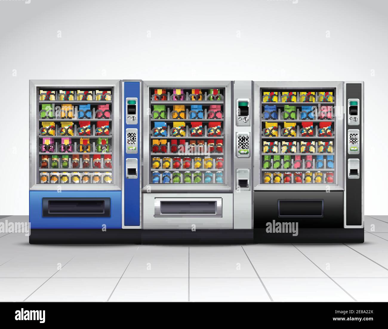 Realistic vending machines front view with food and drinks on tiled ... Realistic vending machines front view with food and drinks on tiled ...