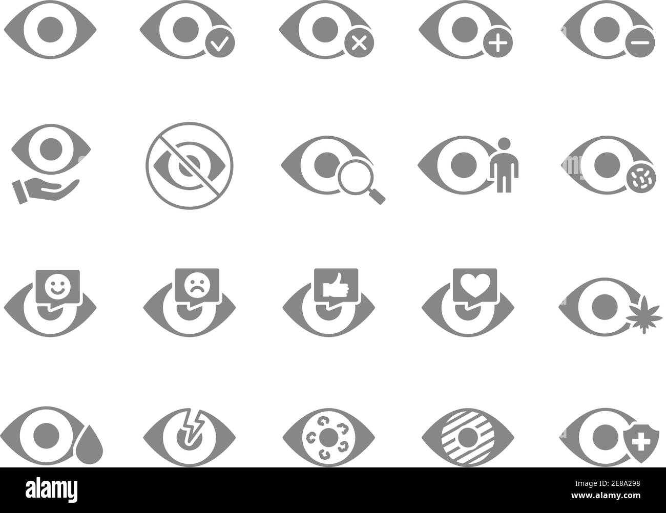 Set of human eyes grey icon. Healthy visual organ, diseases of organs ...