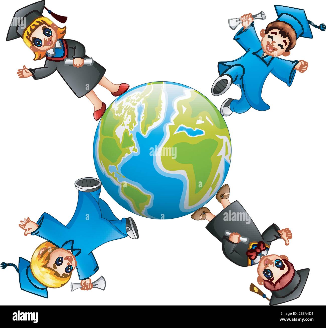 Vector illustration of Graduates kids standing around the earth Stock ...