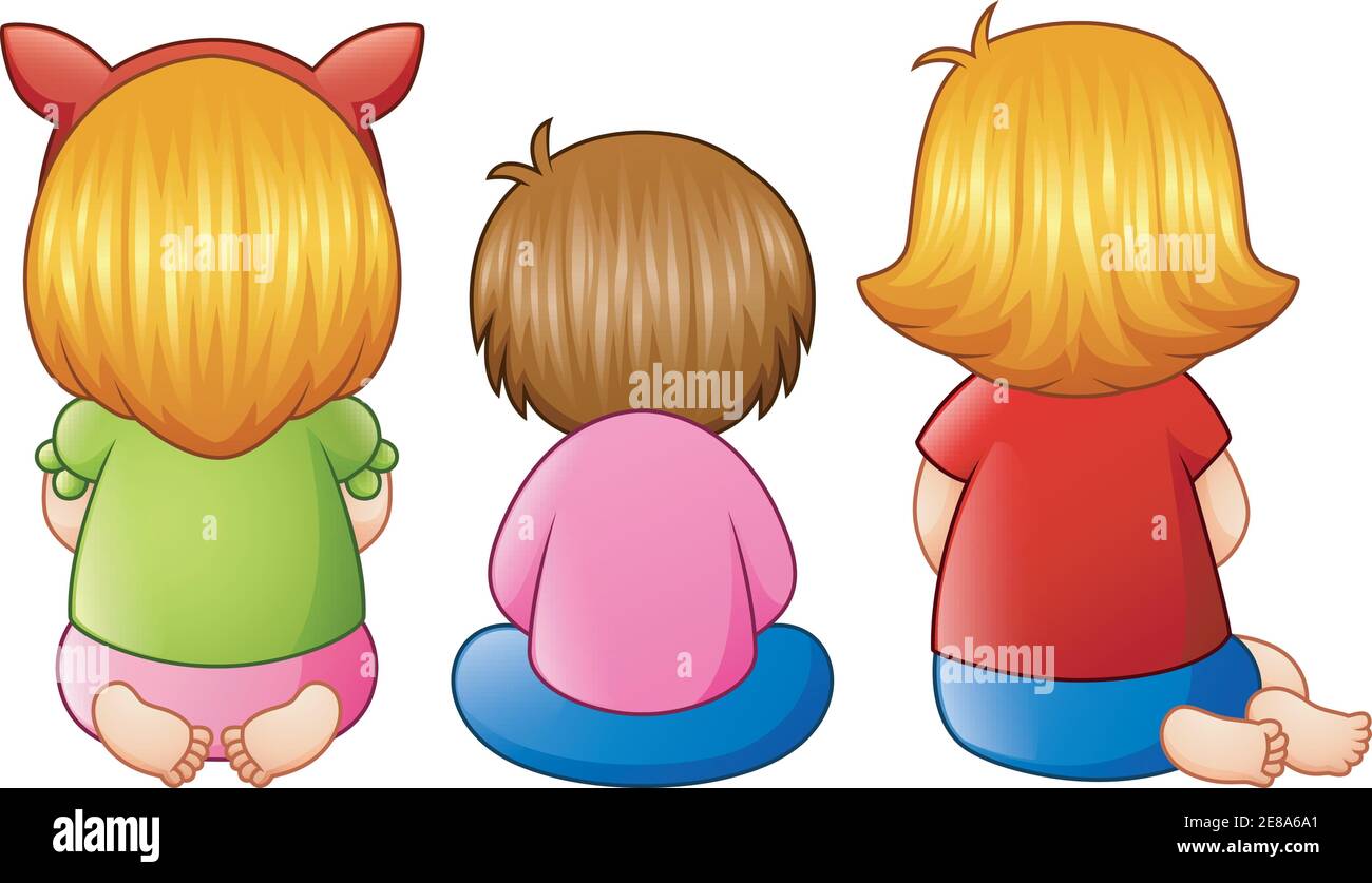 Vector illustration of Back view of little three girl sitting together ...