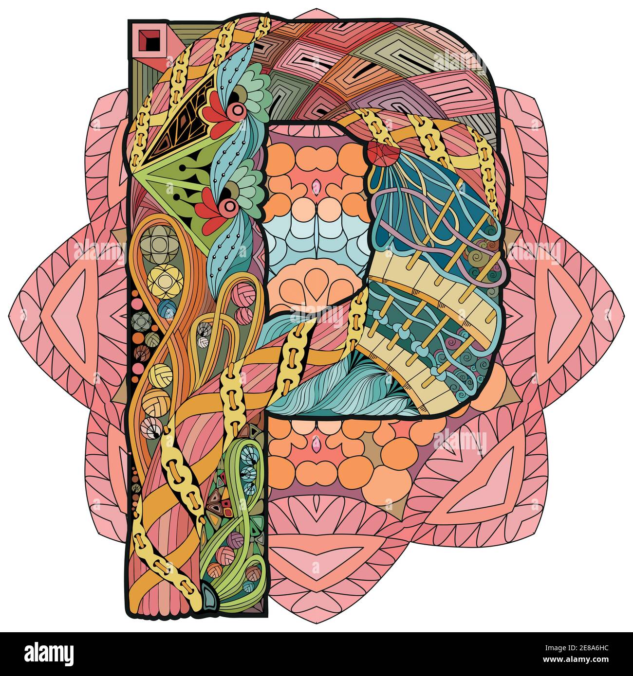 Hand-painted art design. Hand drawn illustration mandala with letter P ...