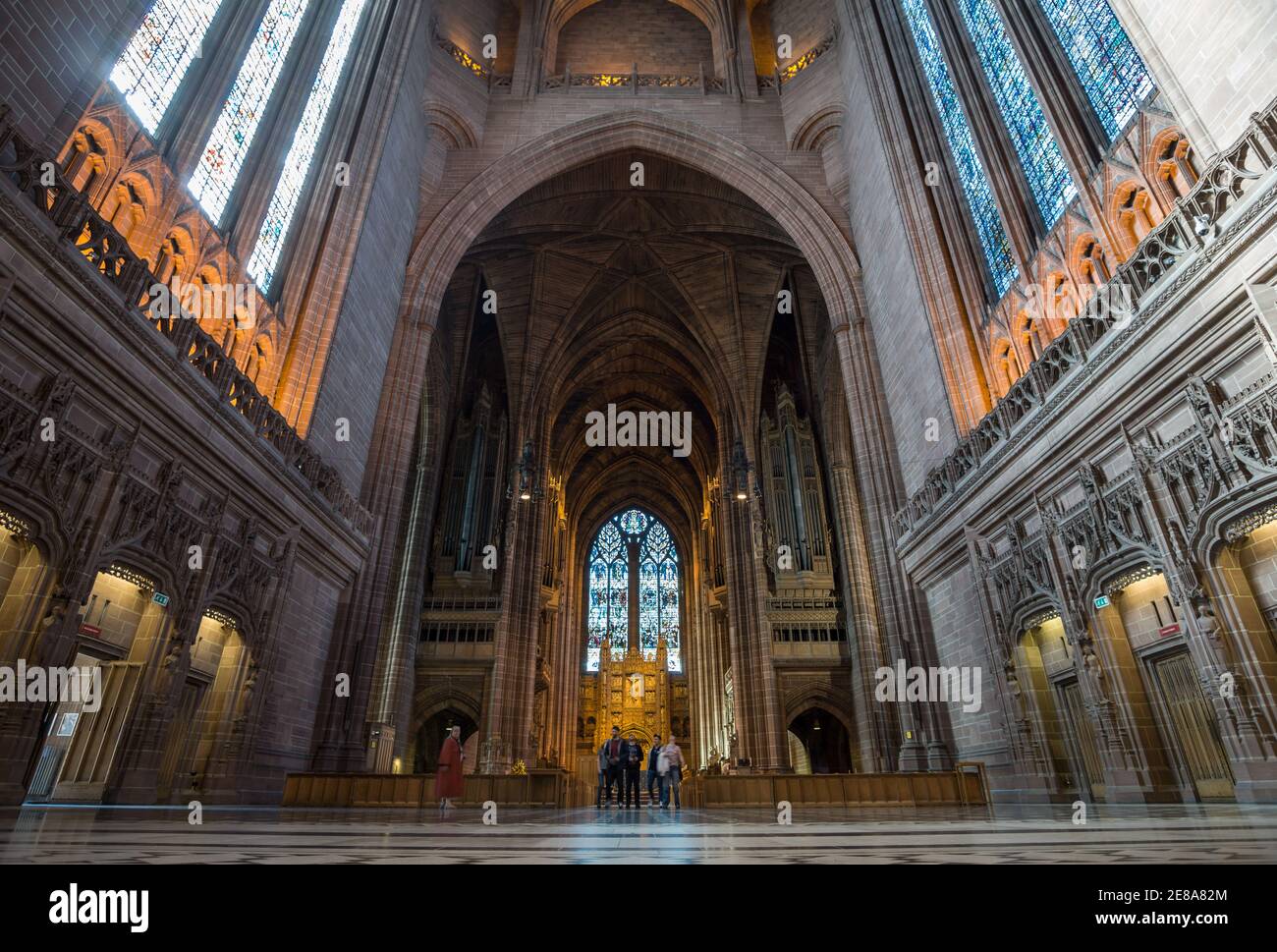Grand, ornate gothic revival interior of Liverpool Anglican cathedral ...