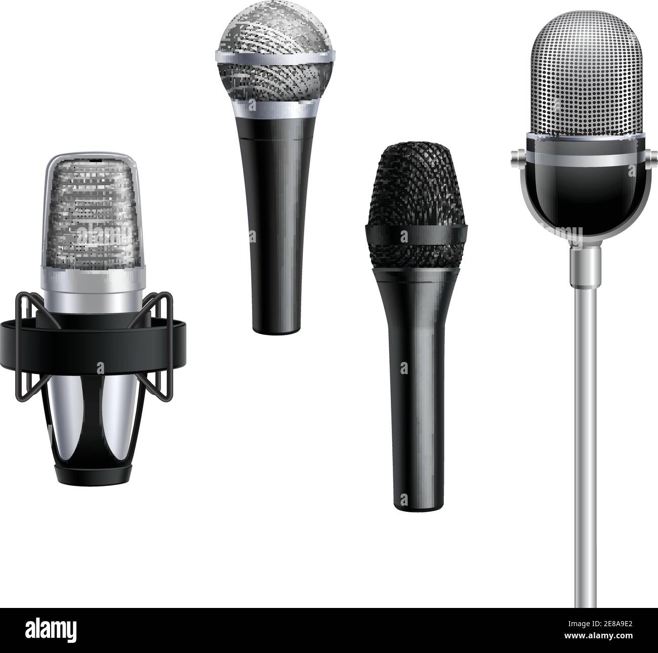 Microphone collection in grey and black colors with metal mesh on white ...