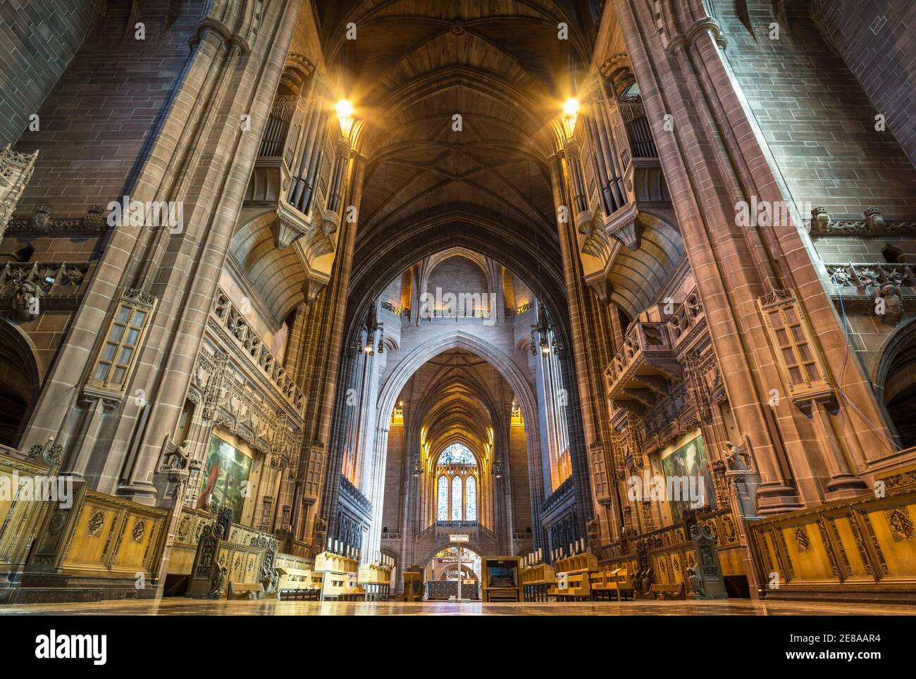 Grand, ornate gothic revival interior of Liverpool Anglican cathedral ...