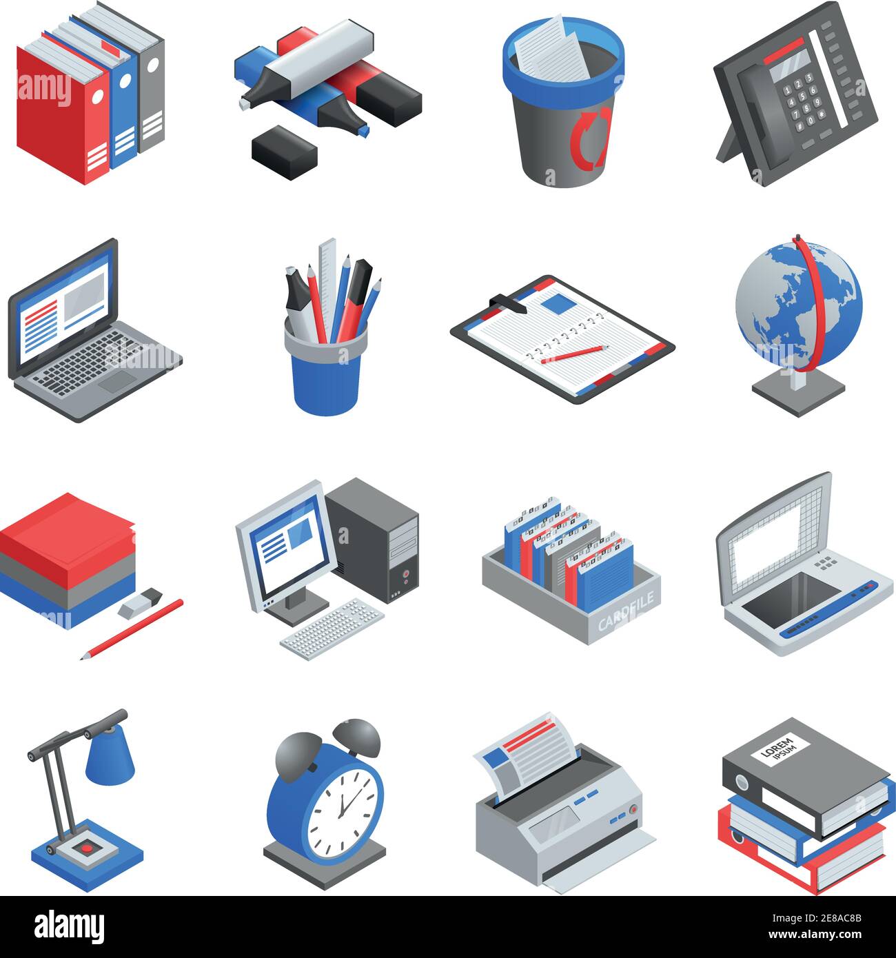 Different red blue and grey office tools for workplace isometric icons ...