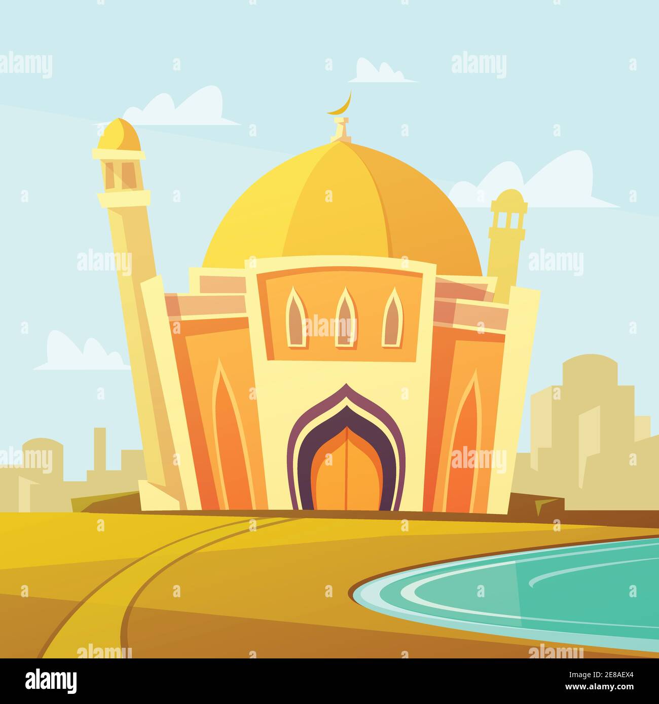 Mosque building with lawn by the river near the city cartoon vector ...