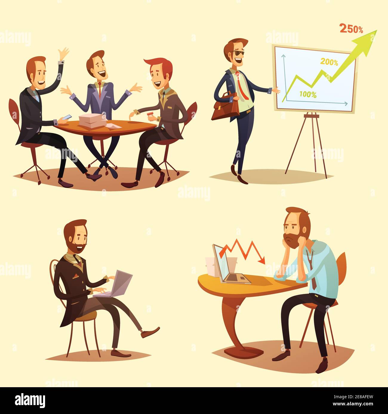 Businessmen cartoon icons set with profit symbols on yellow background ...
