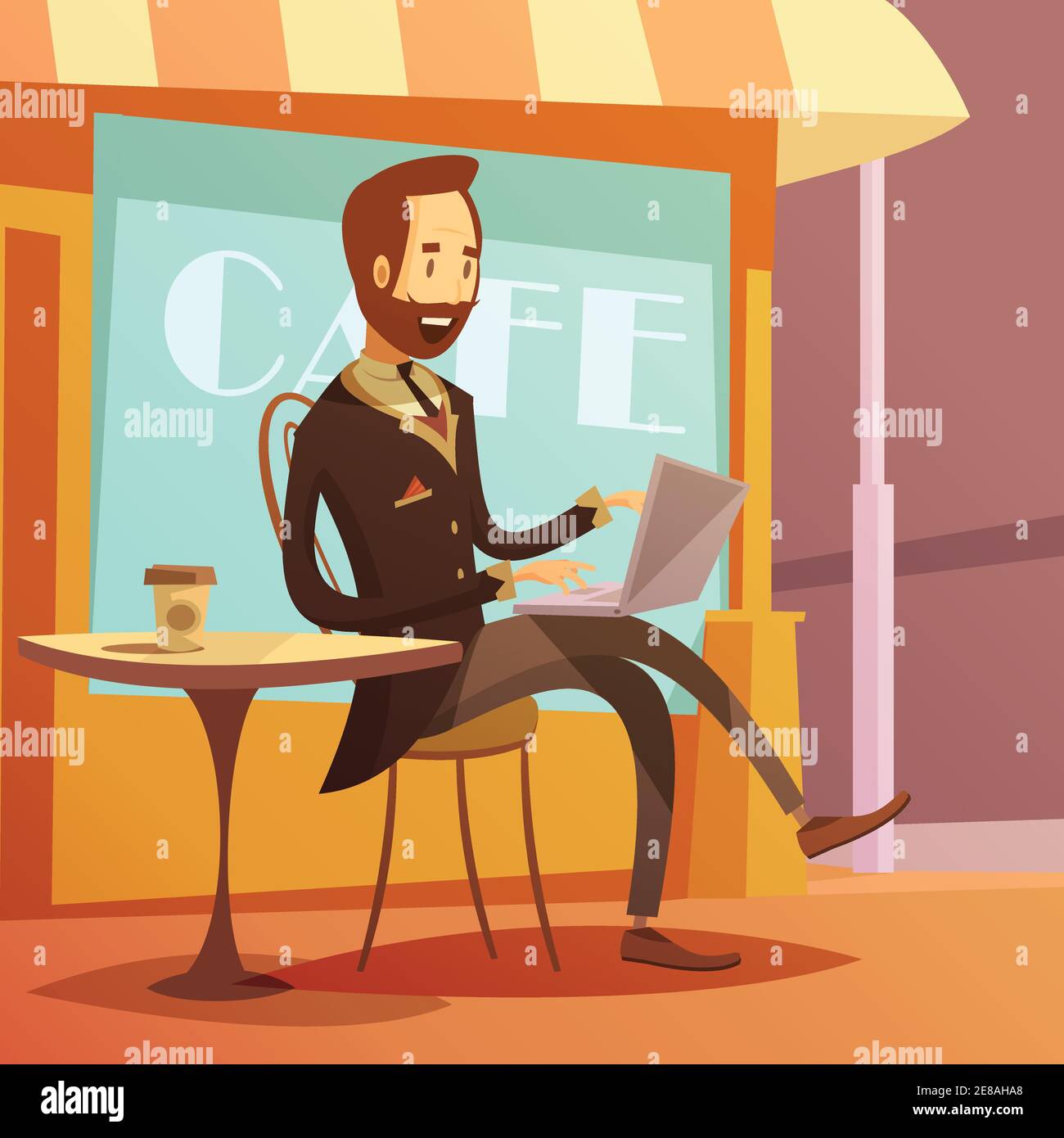 Businessman working background with laptop table and coffee cartoon ...