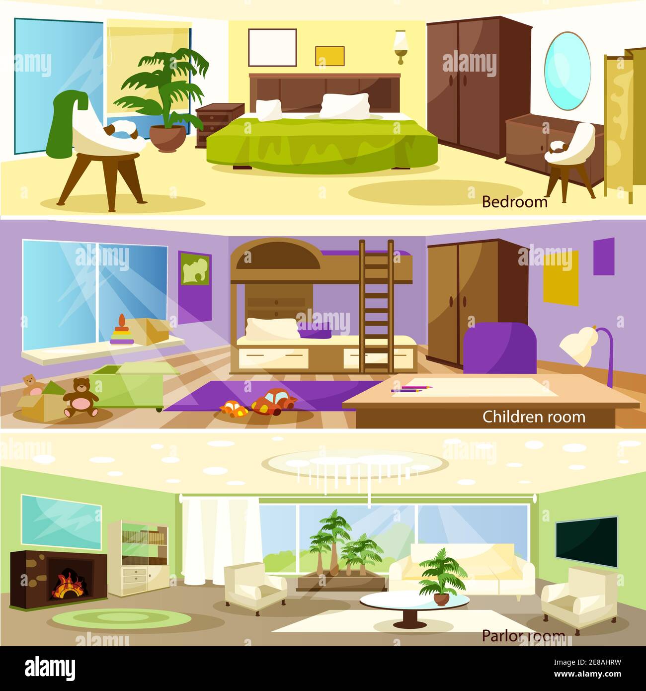 Horizontal colorful cartoon bedroom children and parlor room banners ...