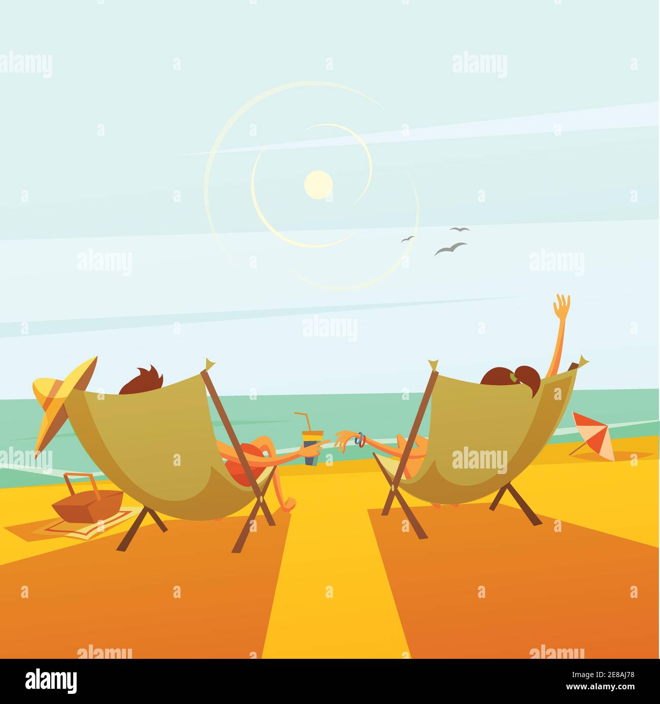 Beach rest background with a couple in chaise lounges at sea cartoon ...