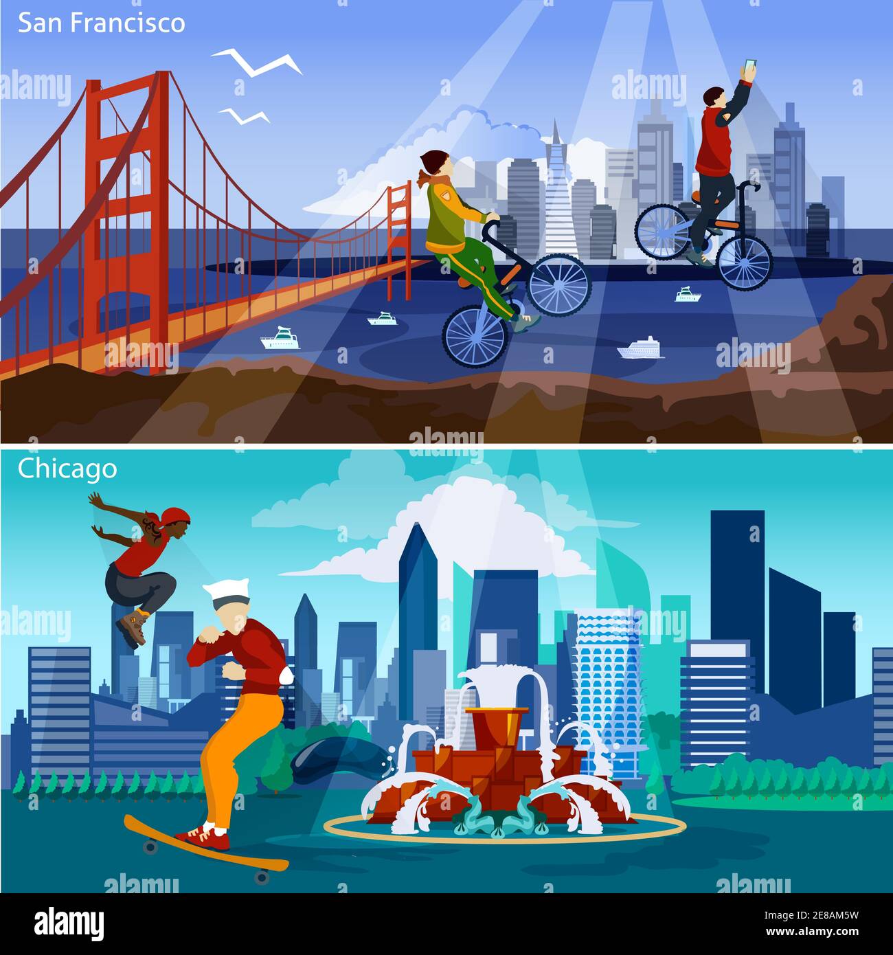 American Cities Flat Concept. USA Sights And People Compositions Set ...