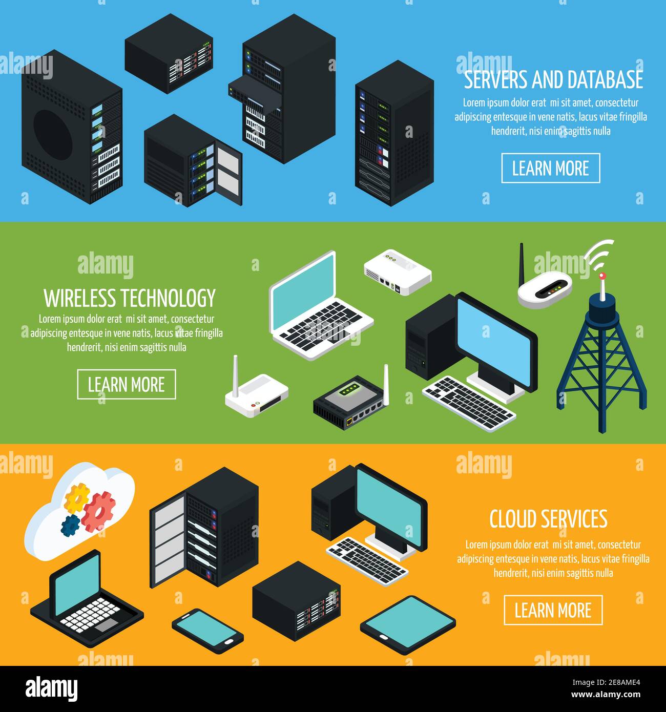 Data center isometric horizontal banners with cloud services servers ...