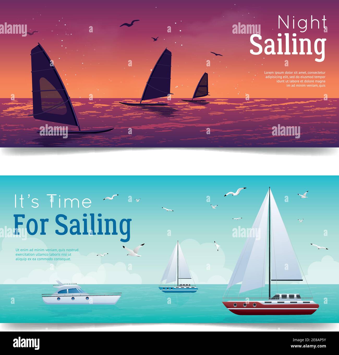 Sailing horizontal cartoon banners set with yachts and sea isolated ...