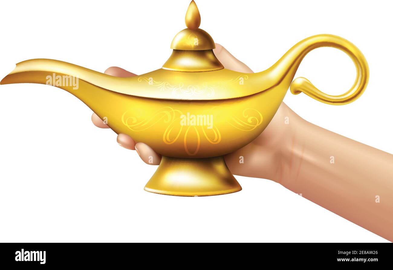 A person holds in his hand realistic golden lamp of Aladdin on white ...