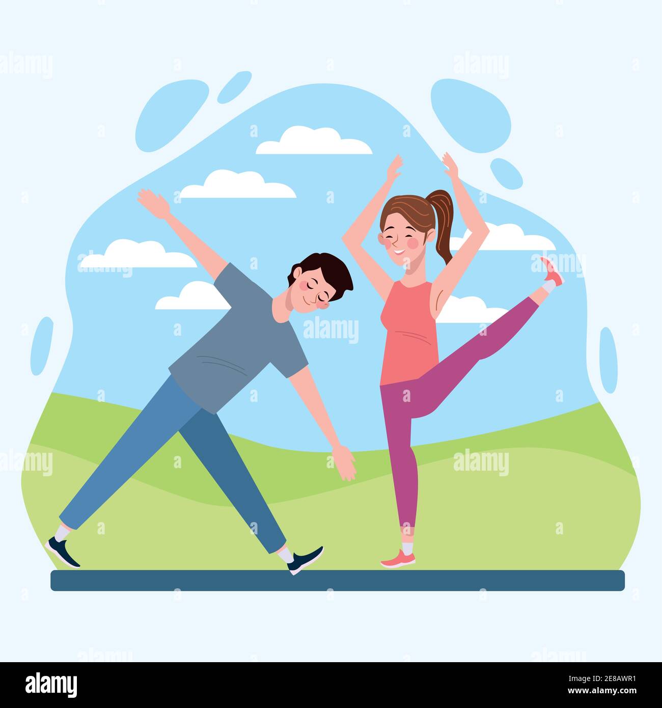 couple practicing exercise in the camp healthy lifestyle vector ...