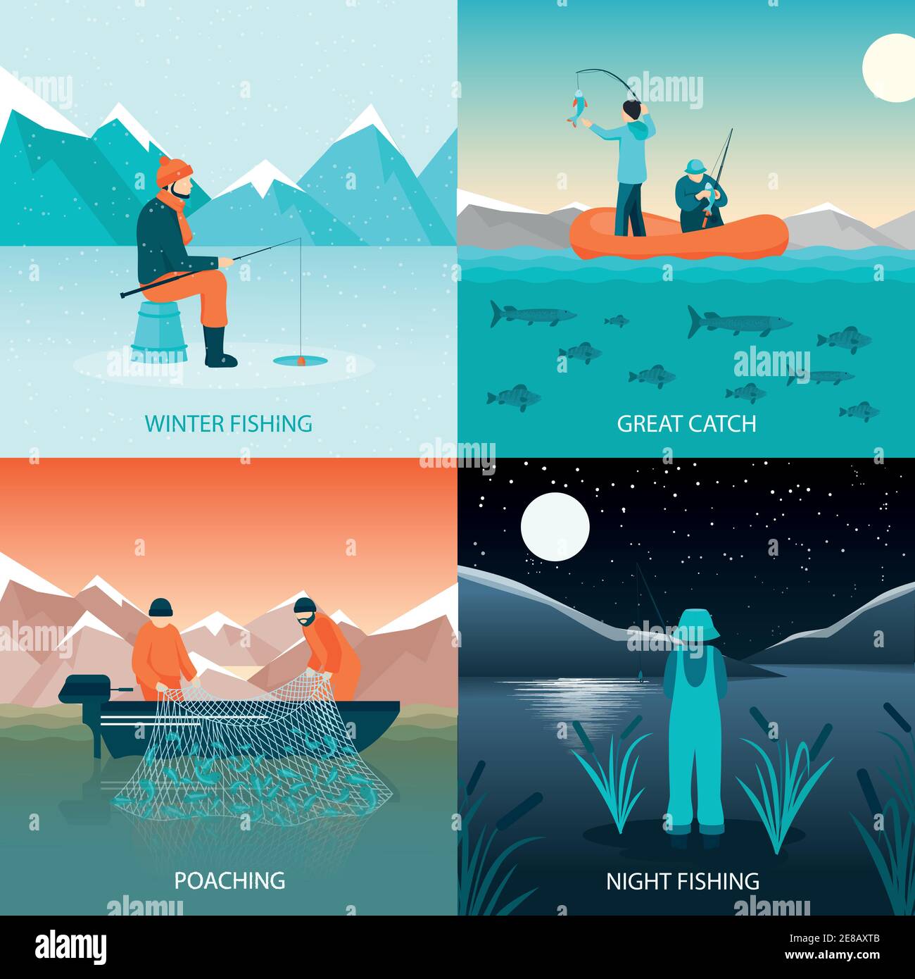 Fishing 2x2 design concept flat square icons set with winter fishing ...