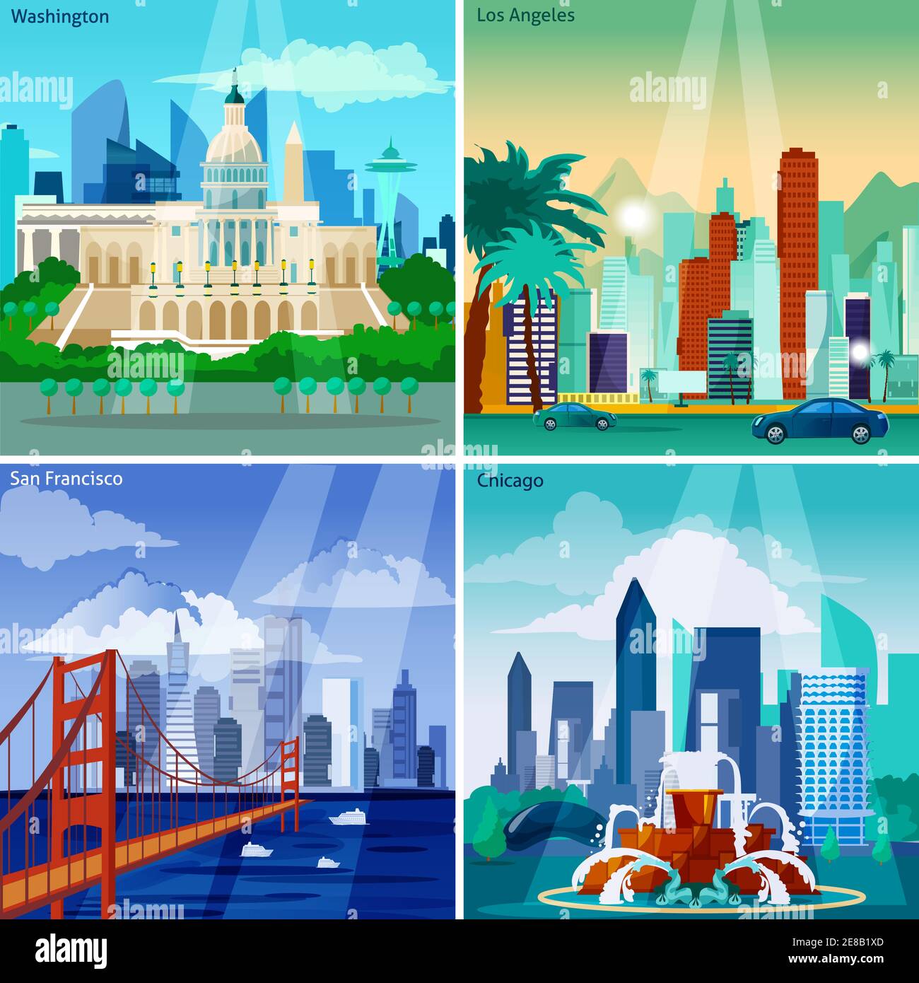 American Cityscapes Concept. USA And Sights Vector Illustration. US ...
