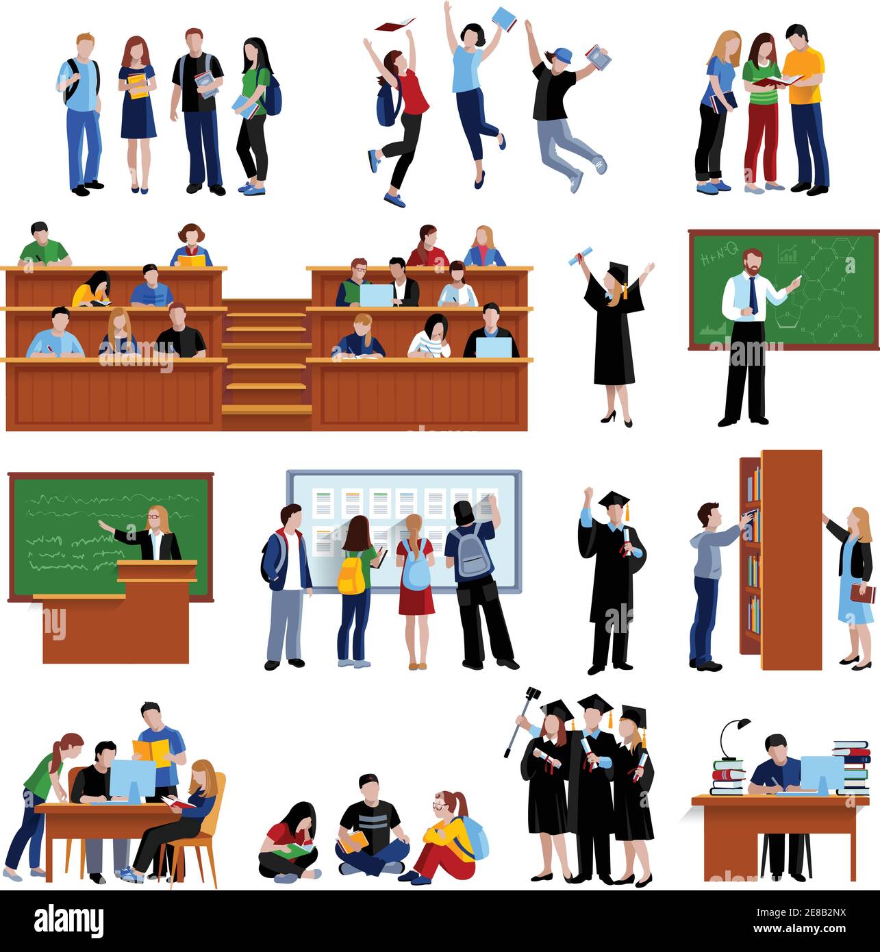 Students at the university in library in auditorium and after exam flat ...