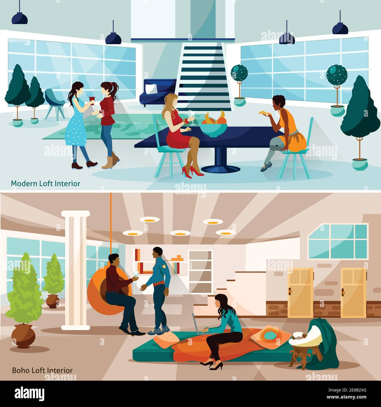 Loft Studio Flat Concept. Loft Studio Interior Horizontal Compositions ...