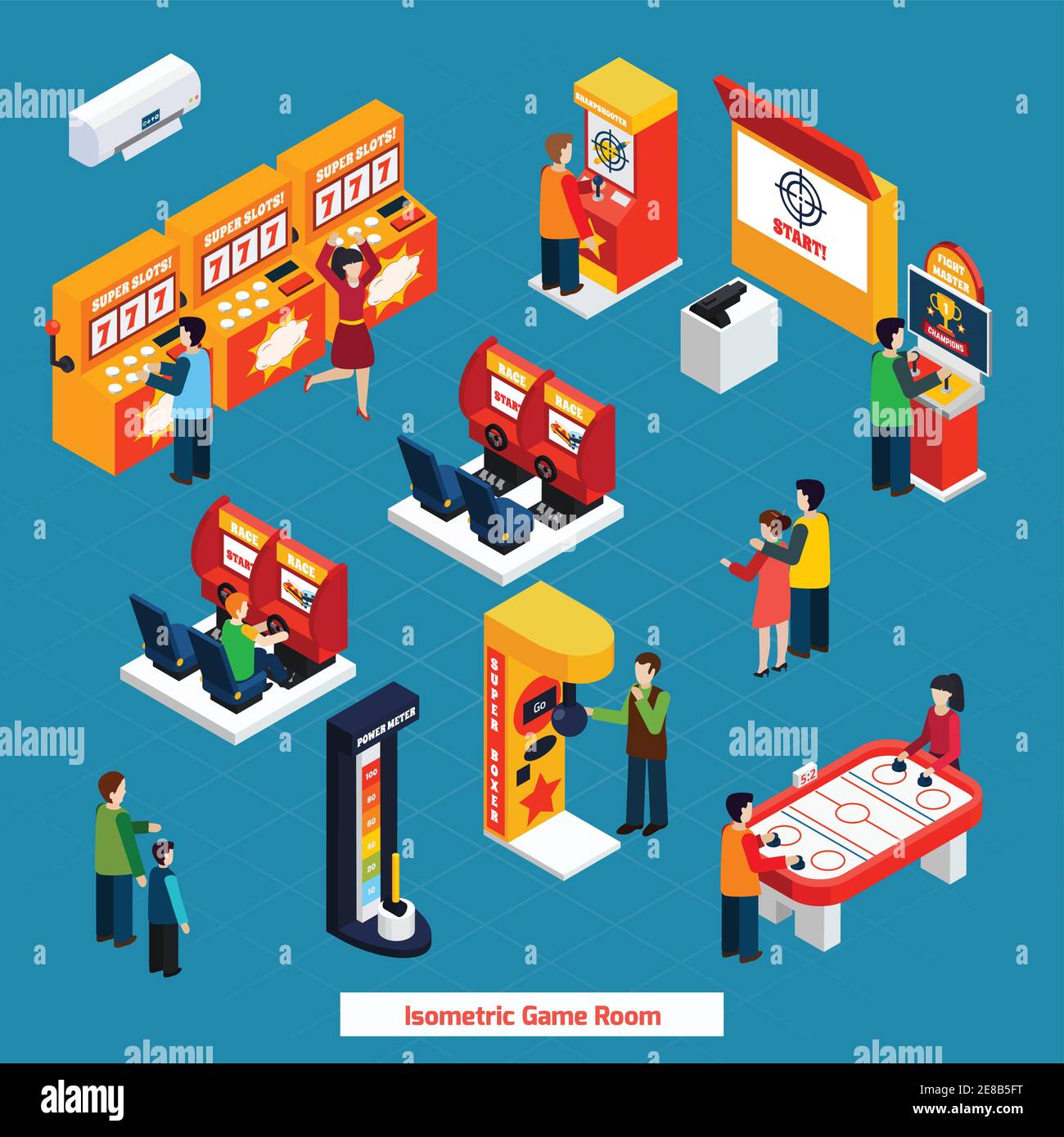 Isometric poster of public game room with different video games slots ...