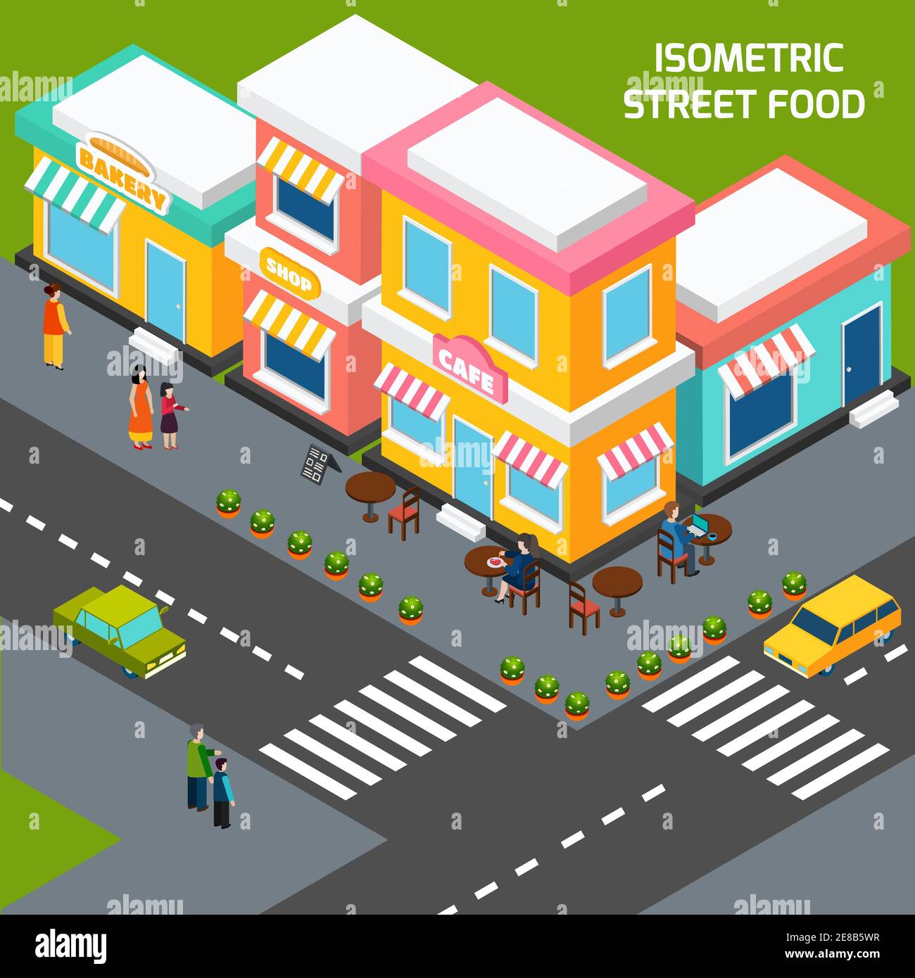 Street food cafe with wooden tables on sidewalk pavement menu and ...