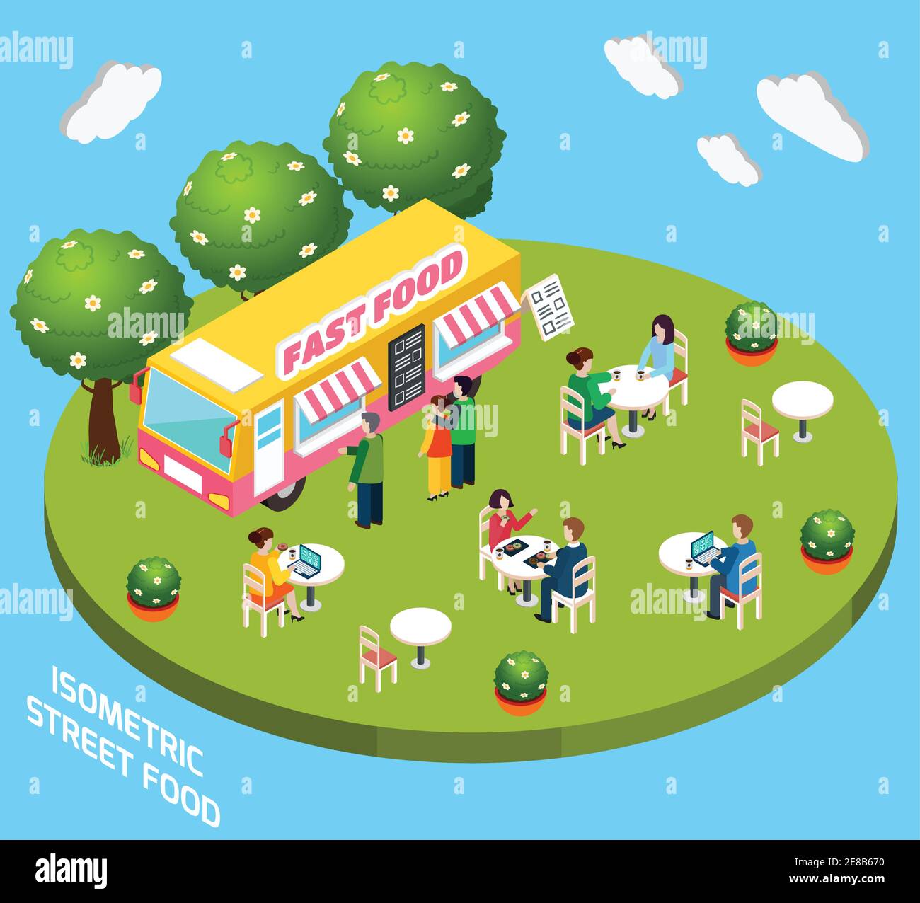 Street food cart ready to eat service selling hot dogs and pizza ...