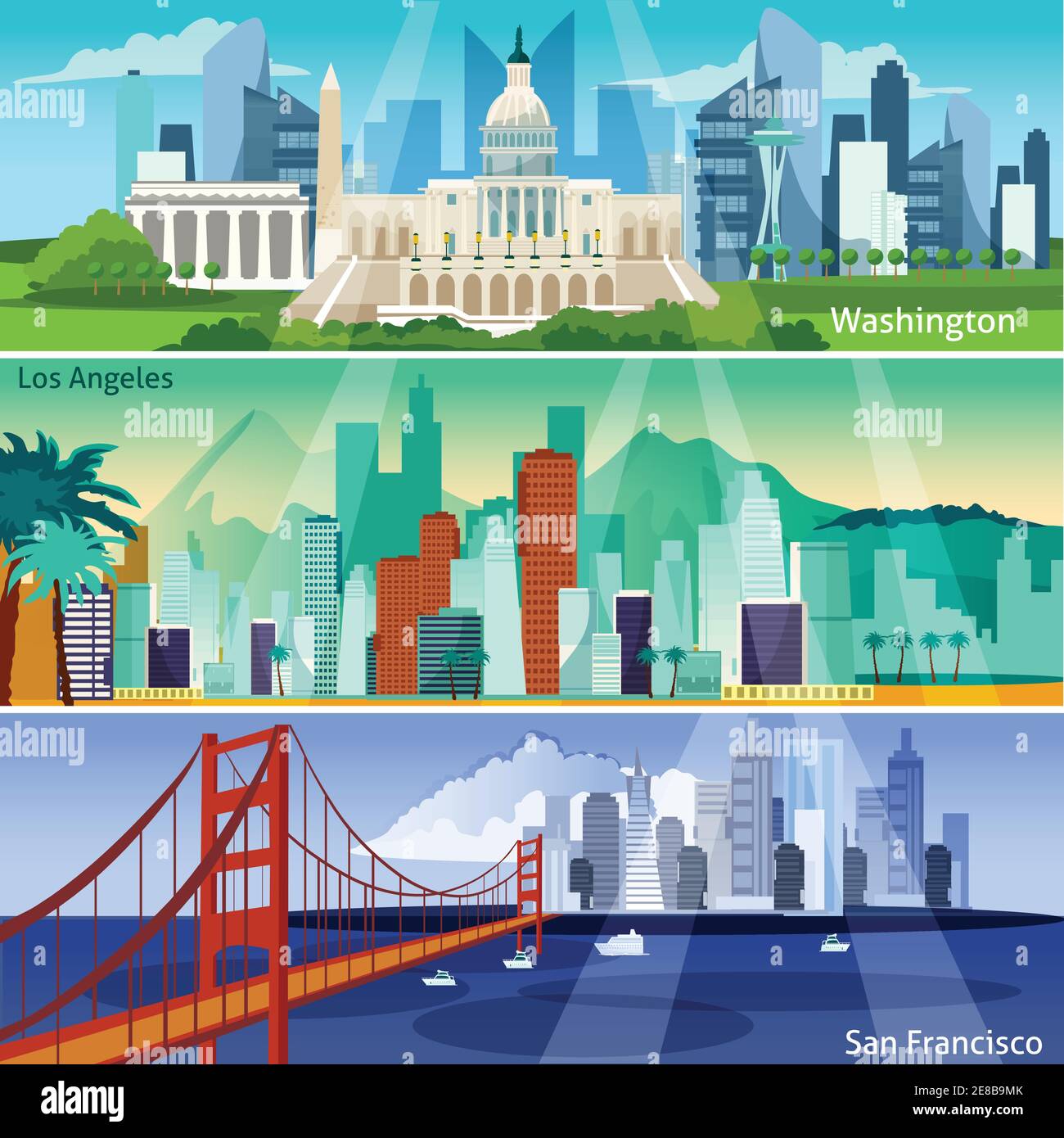 American Cityscapes Flat Concept. USA Sights Horizontal Banners. US ...
