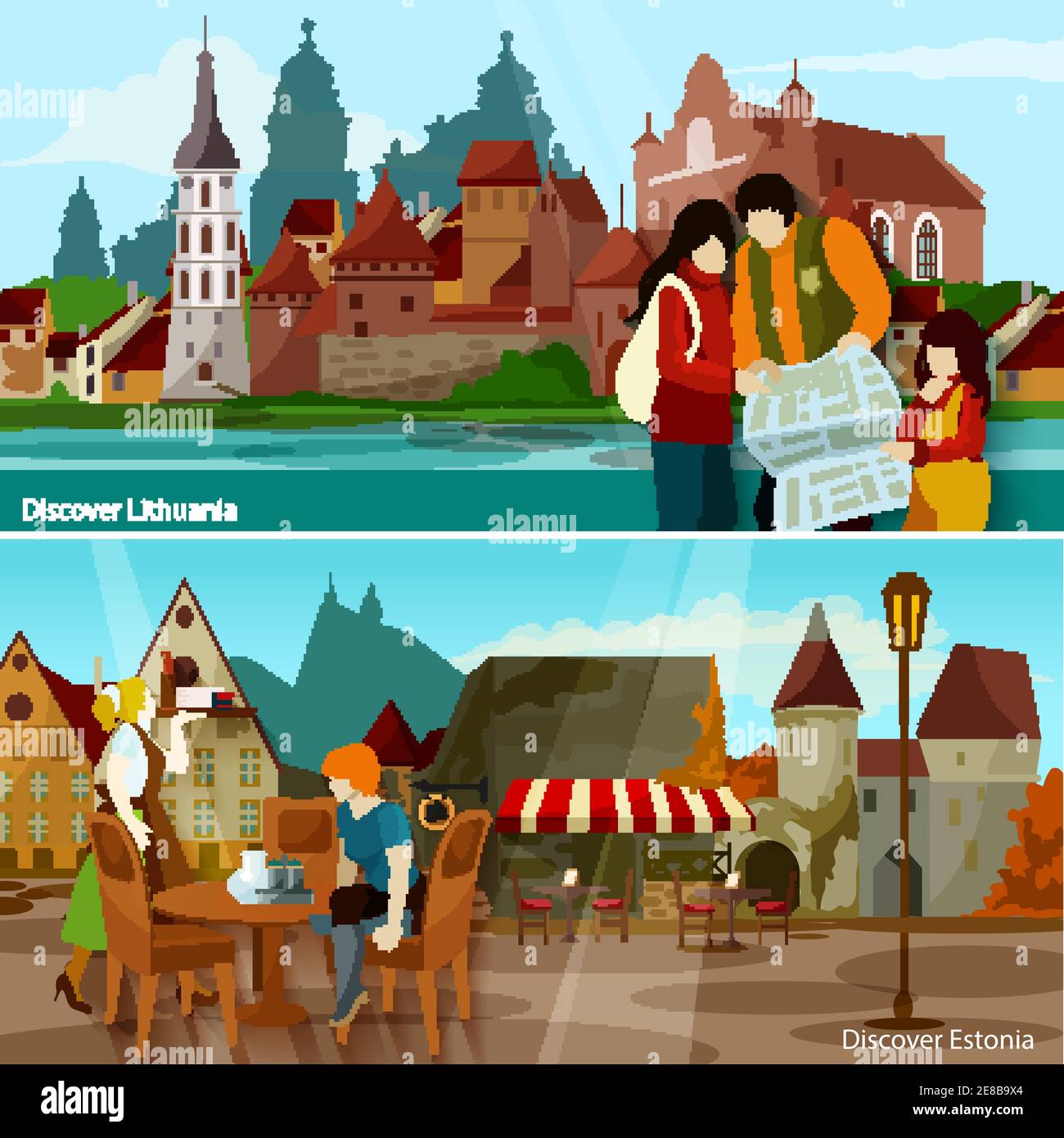 European Cityscapes Flat Concept. Europe And Sights Horizontal ...