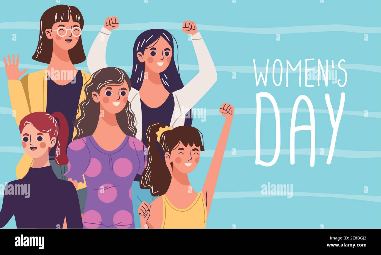 celebrating womens day, group of five young women characters vector ...
