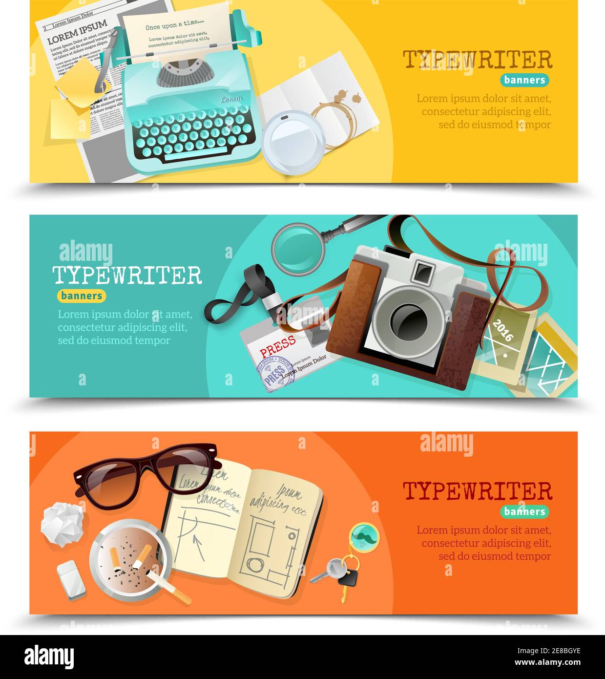 Three horizontal flat banners with vintage journalist typewriter and ...