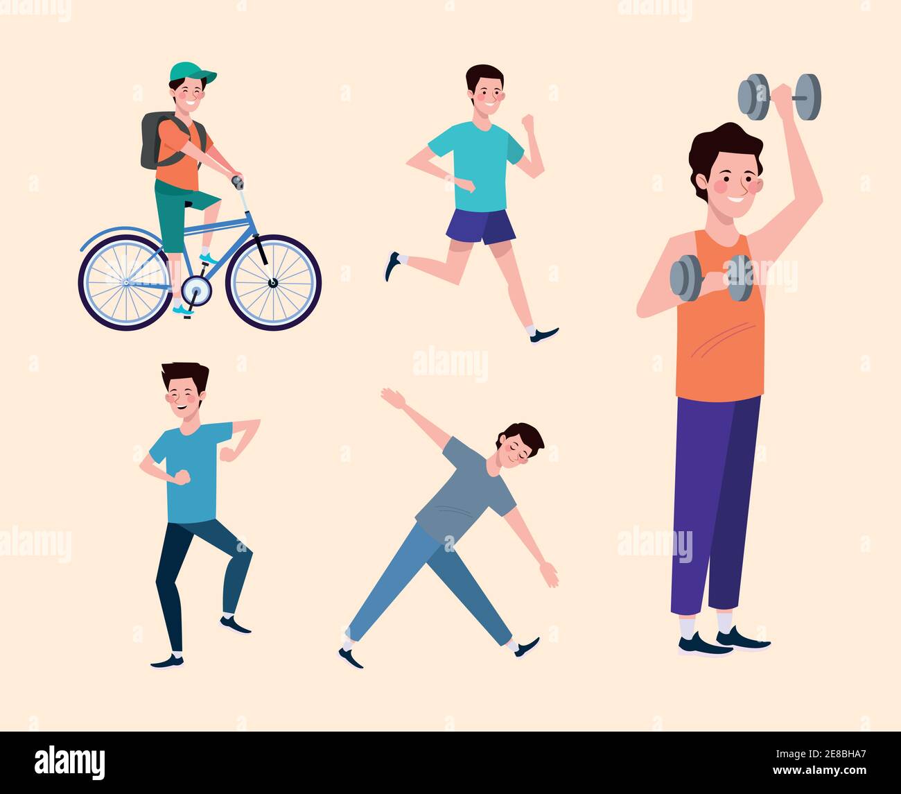 boys practicing exercises characters healthy lifestyle vector ...