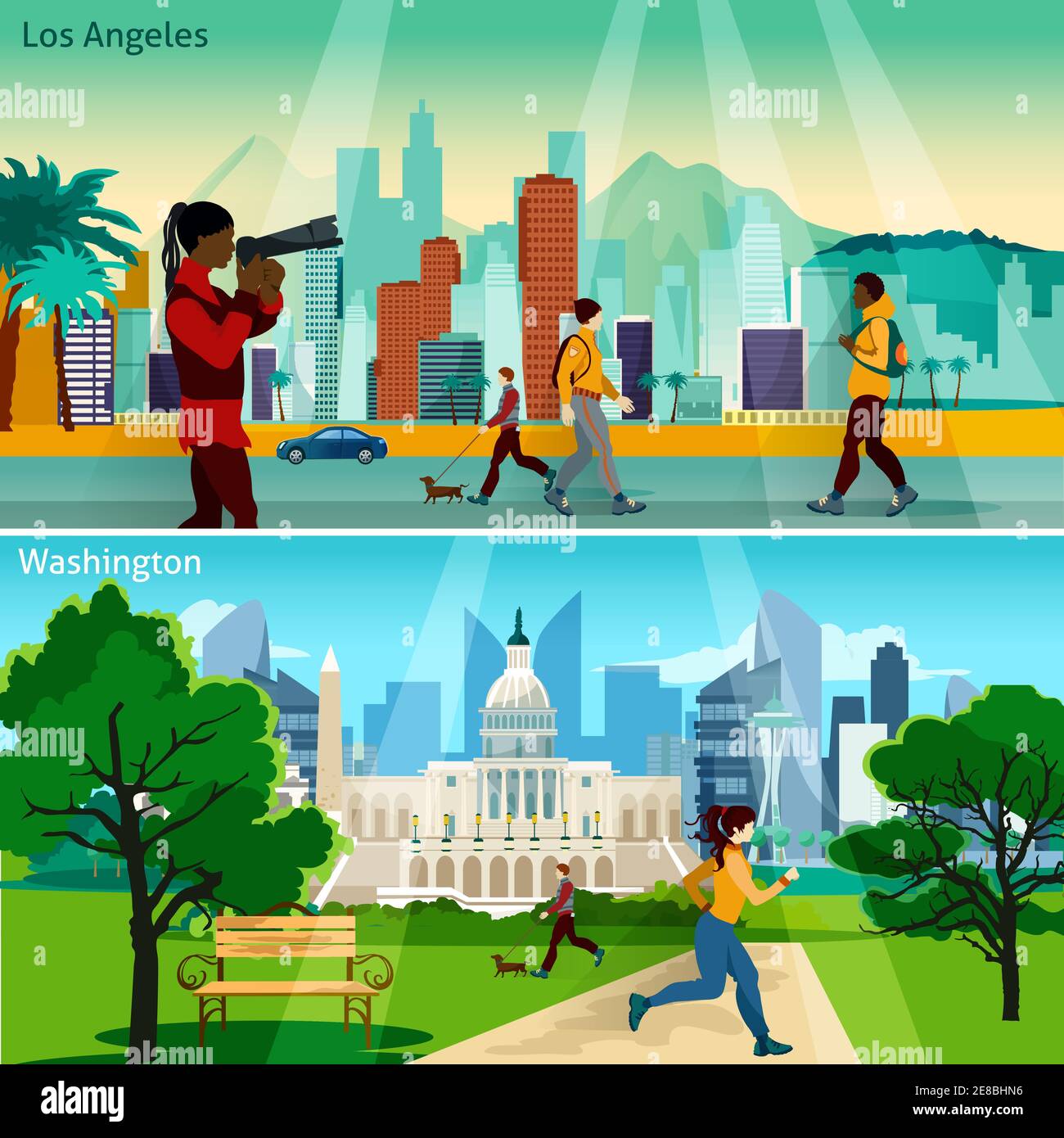 American Cityscapes Flat Concept. USA Sights With People Compositions ...