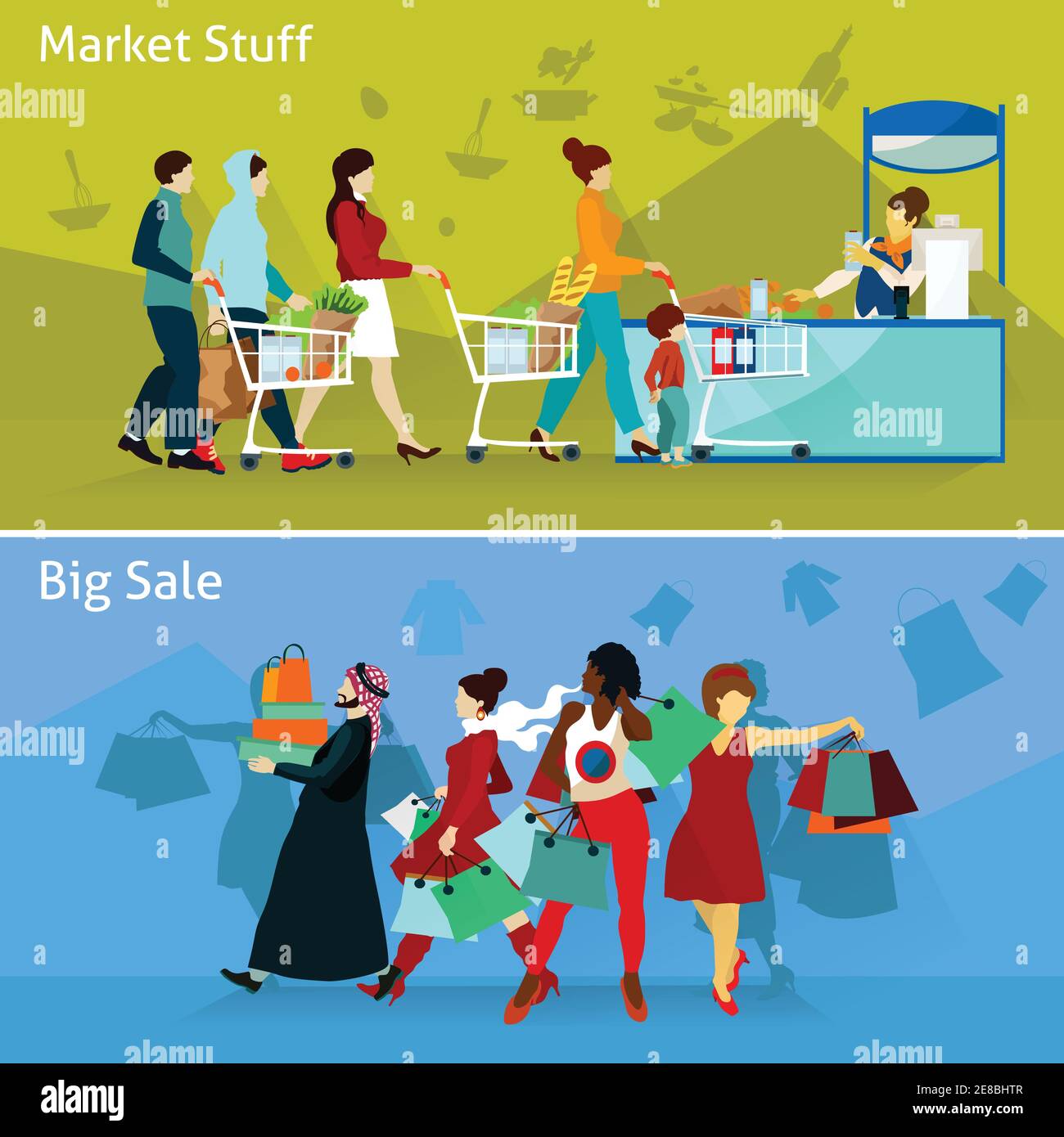 Shopping And People Flat Concept. Shopping Horizontal Compositions ...