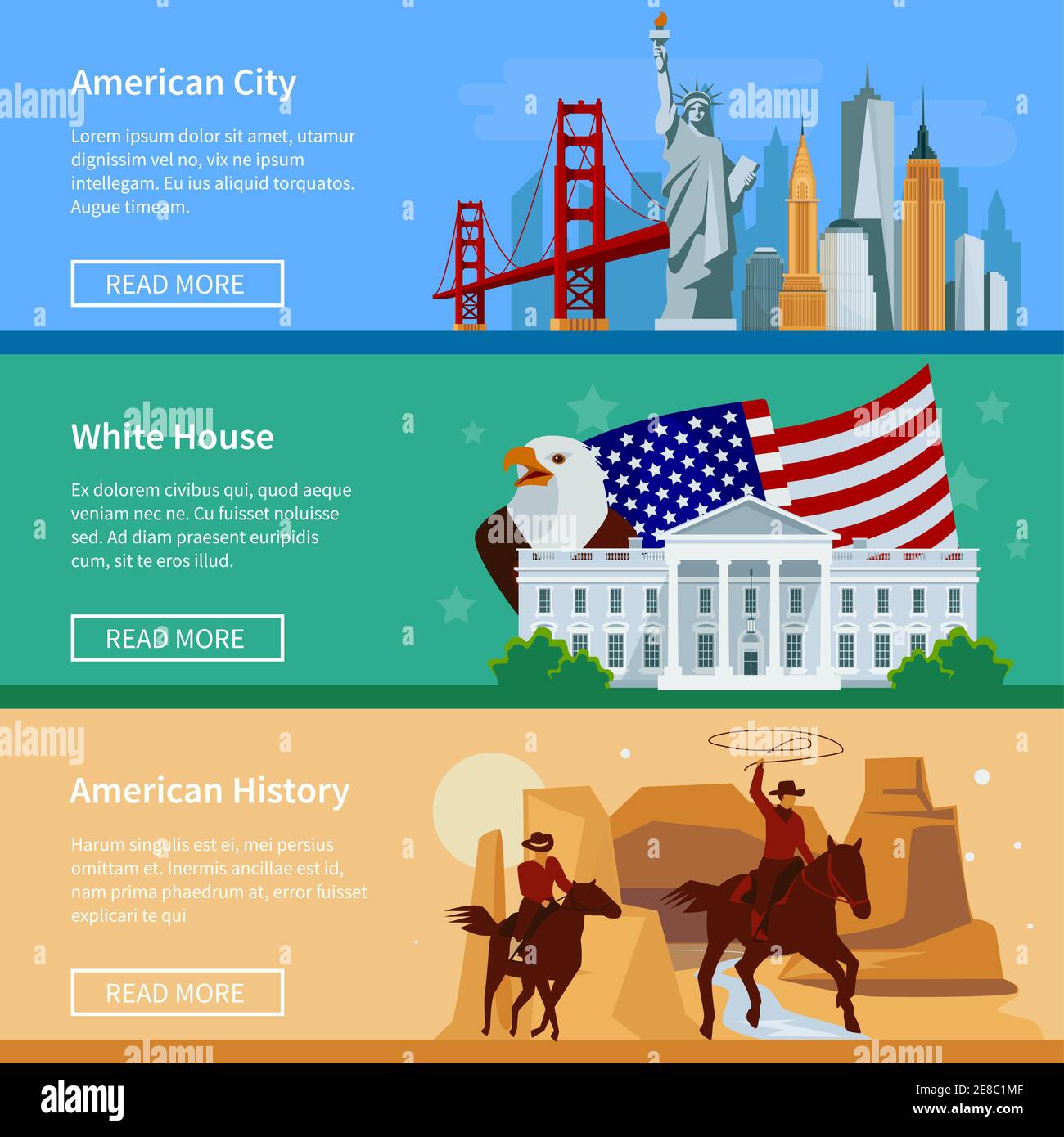 Horizontal usa flat banners with american cityscape white house and ...