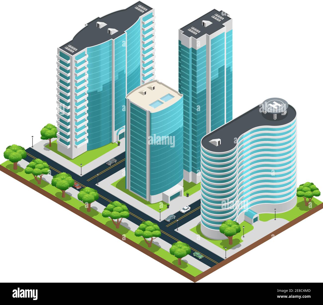 Isometric cityscape composition with modern skyscrapers and green yards ...
