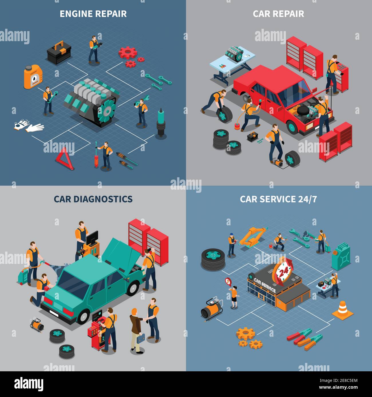 Auto service center 4 isometric icons square composition with ...