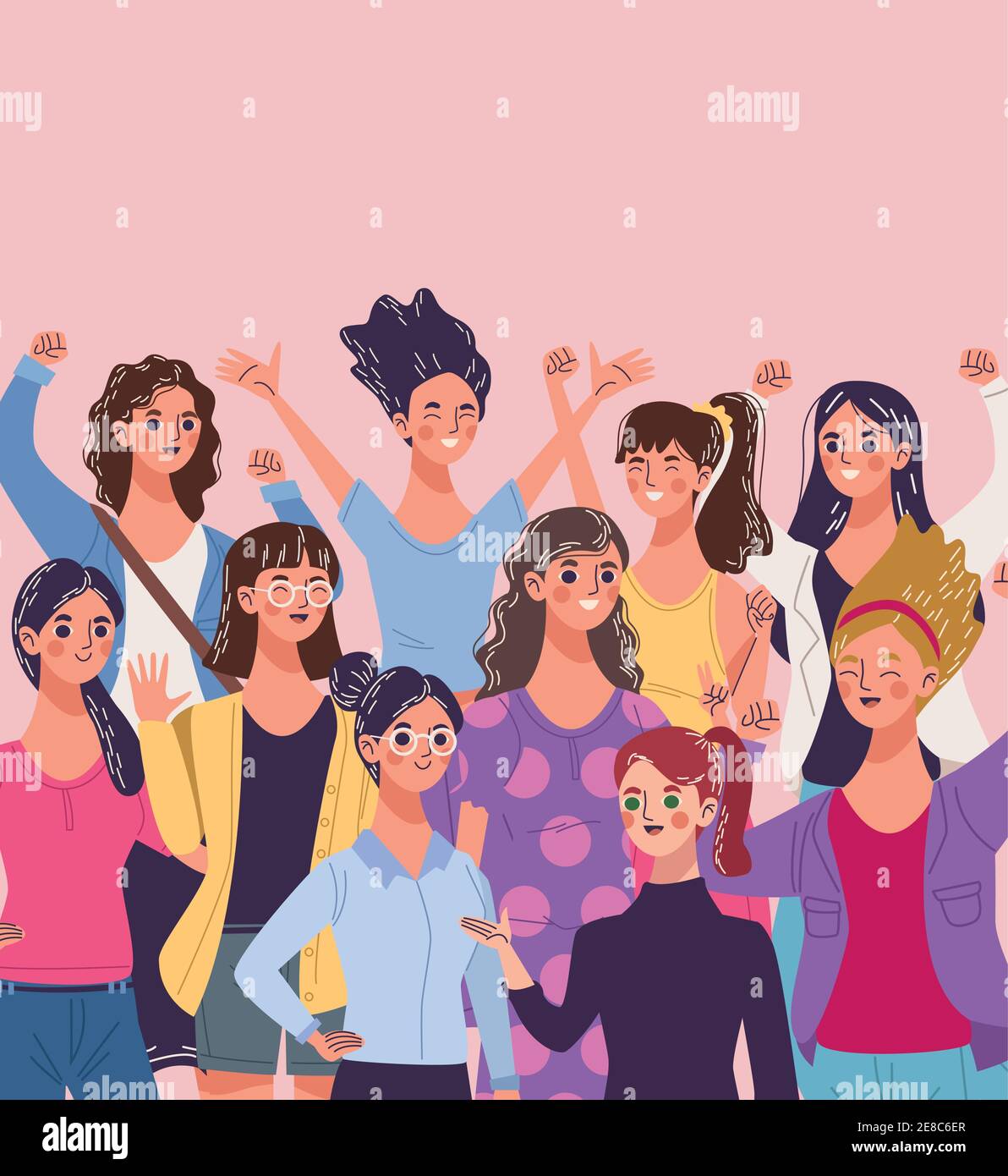 group of ten beautiful young women characters celebrating vector ...