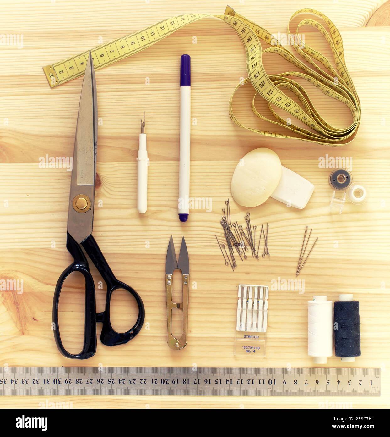 Set of tools and accessories for sewing. View from top. Element of ...