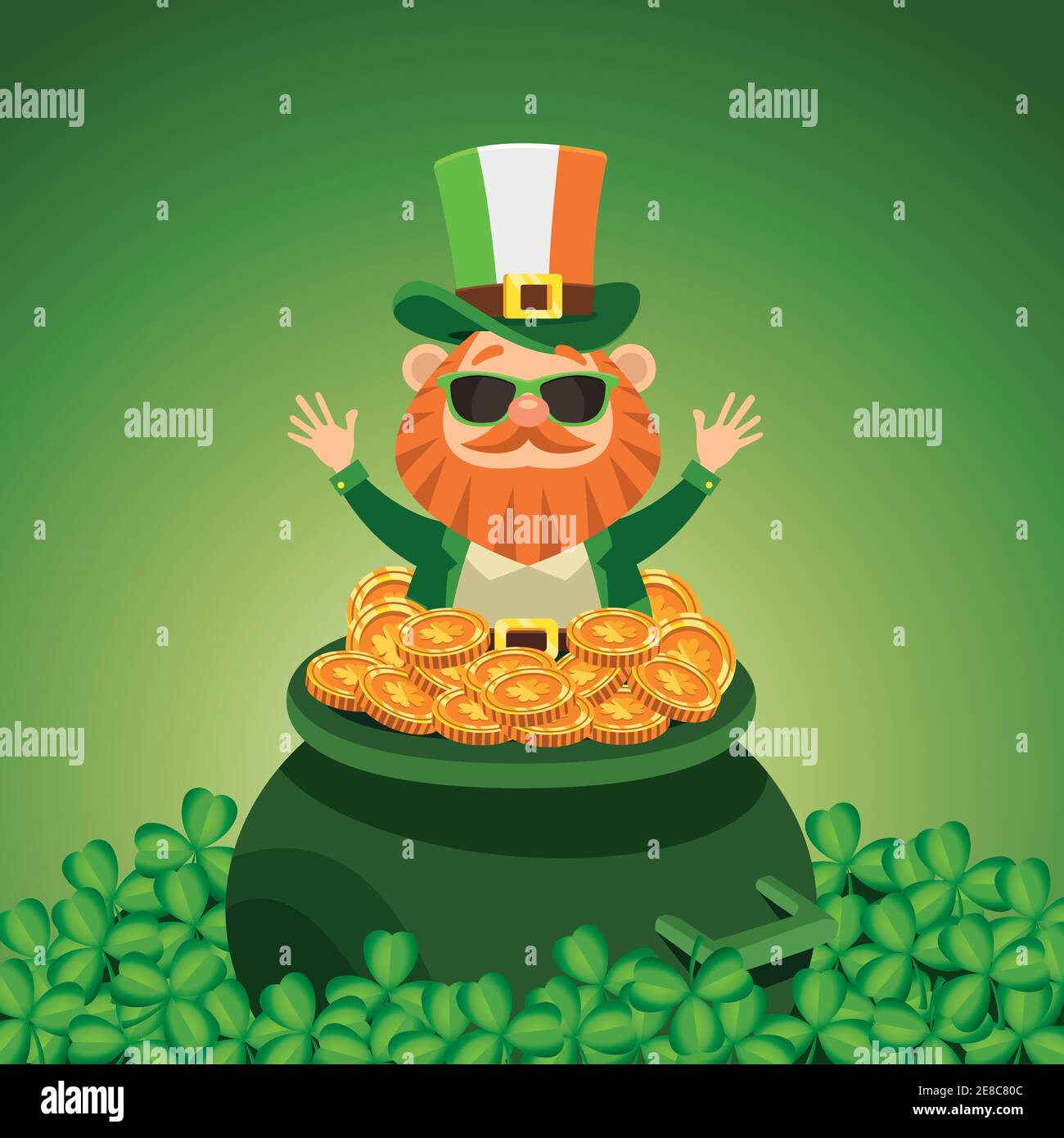 happy saint patricks day poster with leprechaun in treasure cauldron ...