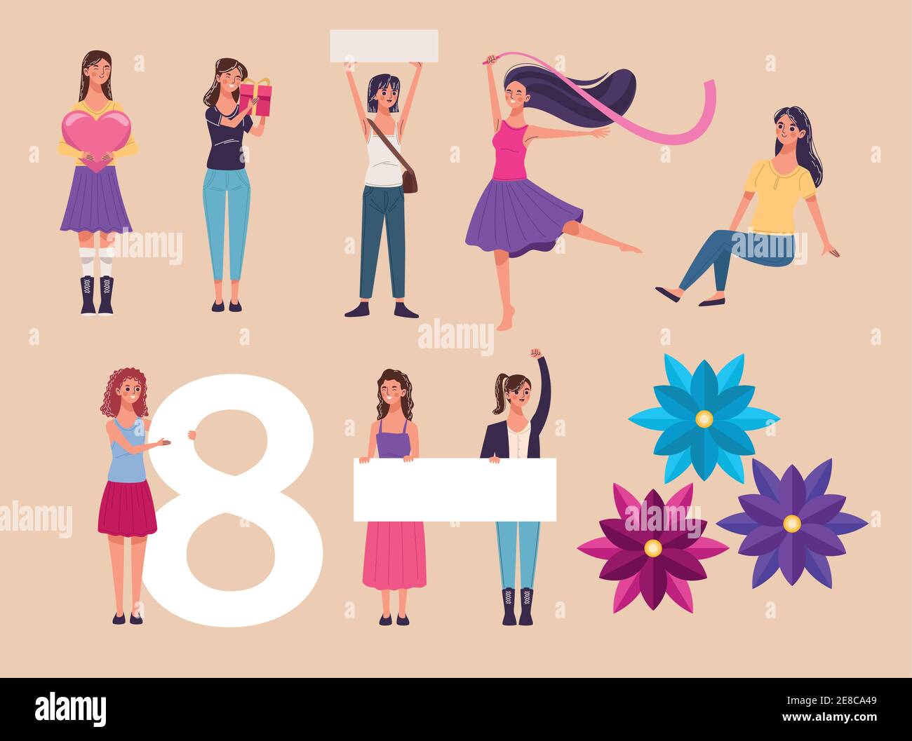 group of eight beautiful young women celebrating vector illustration ...