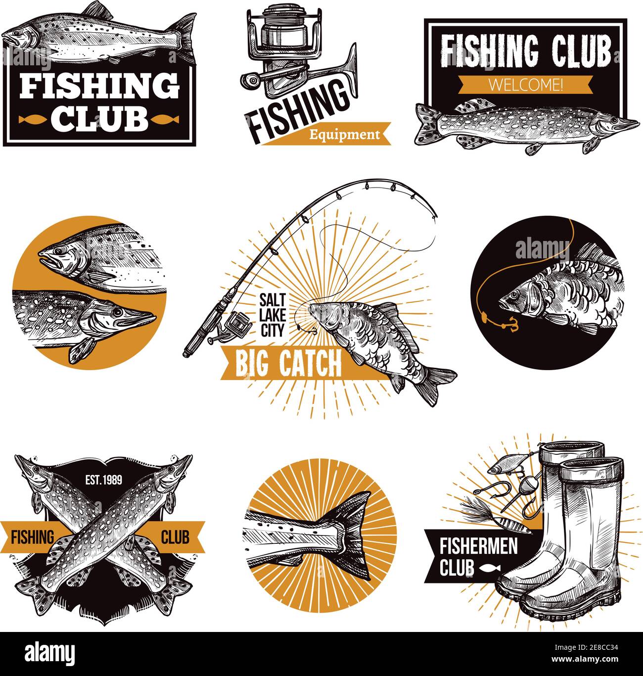 Hand drawn fishing logo emblems set with fishes equipments like fishing ...
