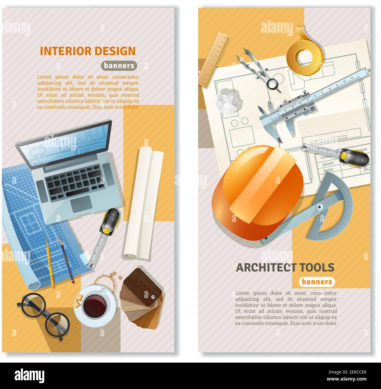 Vertical flat banners with construction tools for architect and ...