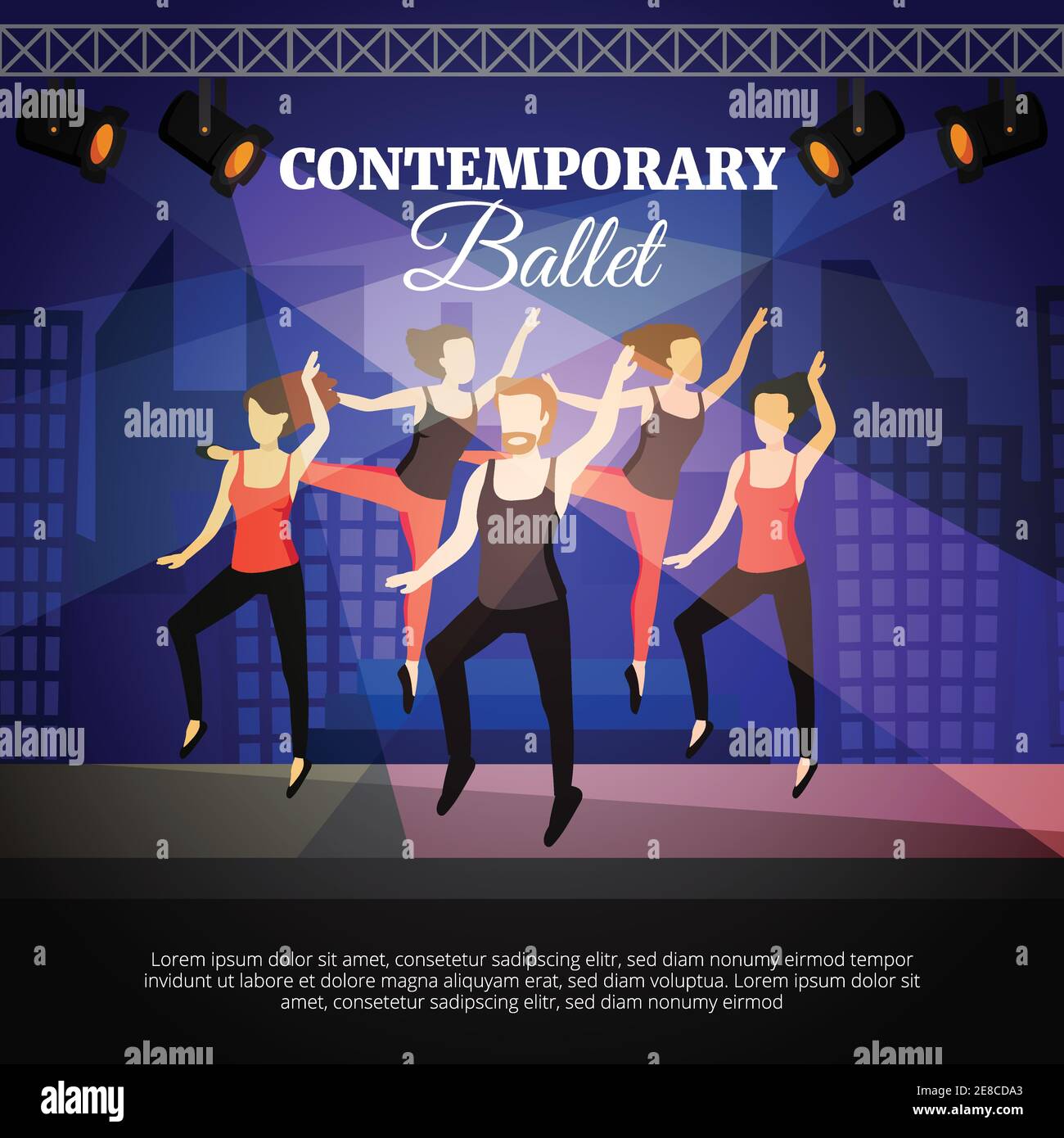 Contemporary ballet poster with dancing people and stage flat vector ...