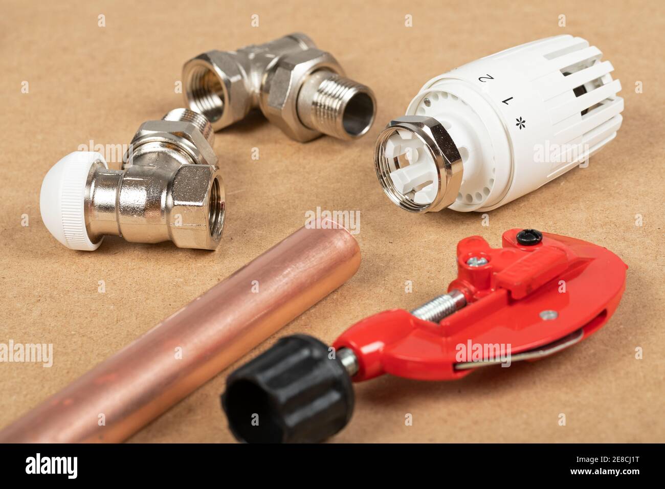 Objects of home heating system: brass valve, thermostatic valve, pipe ...