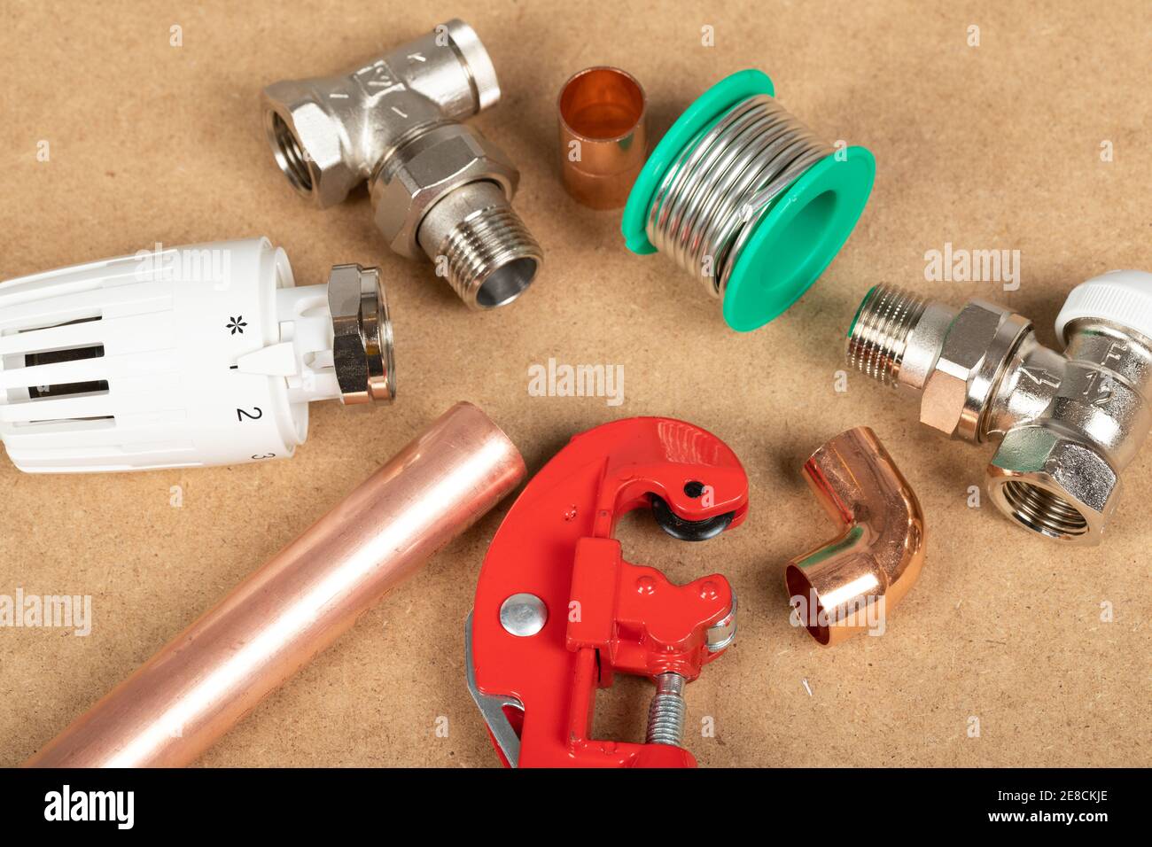 Objects of home heating system: brass valve, thermostatic valve, pipe ...