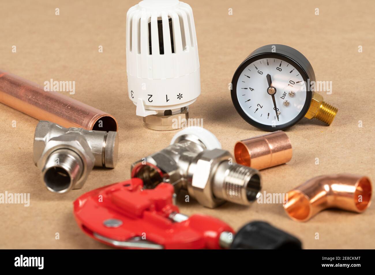 Objects of home heating system: brass valve, thermostatic valve, pipe ...